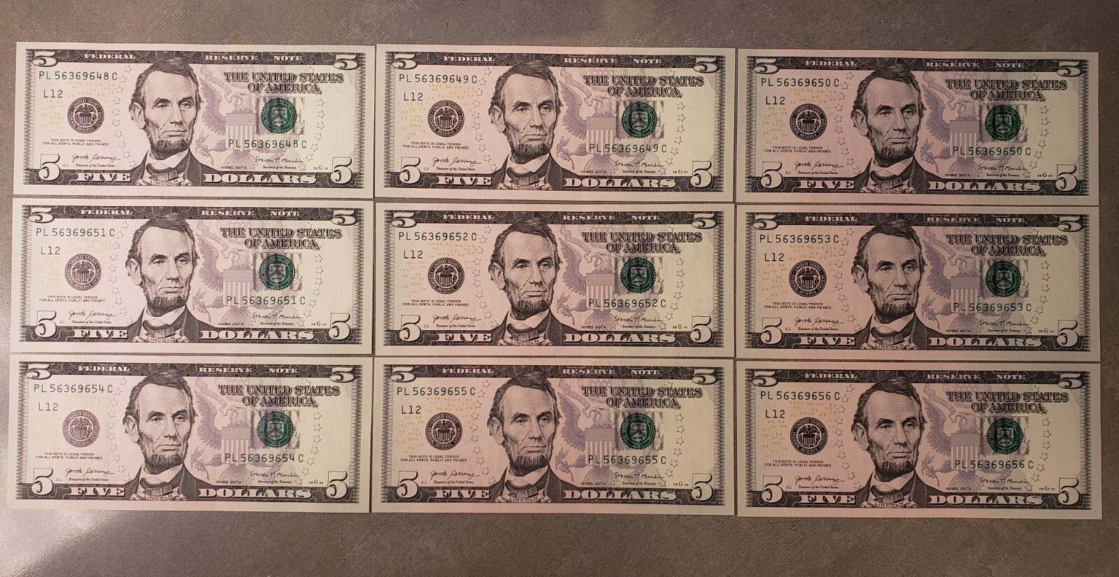 NEW UNCIRCULATED FIVE Dollar Bills, SERIES 2017A $5 Sequential Notes ...