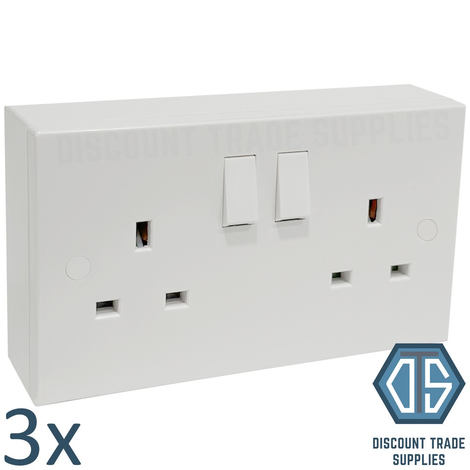 2 Gang White Twin Double Switched Wall Socket and 25mm Surface Pattress ...