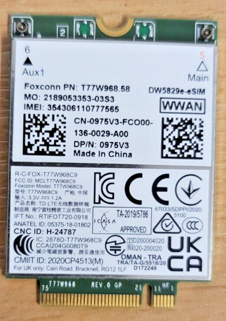 DELL WIRELESS DW5829e-eSIM WWAN 3G 4G Mobile Broadband Module T77W968 ...