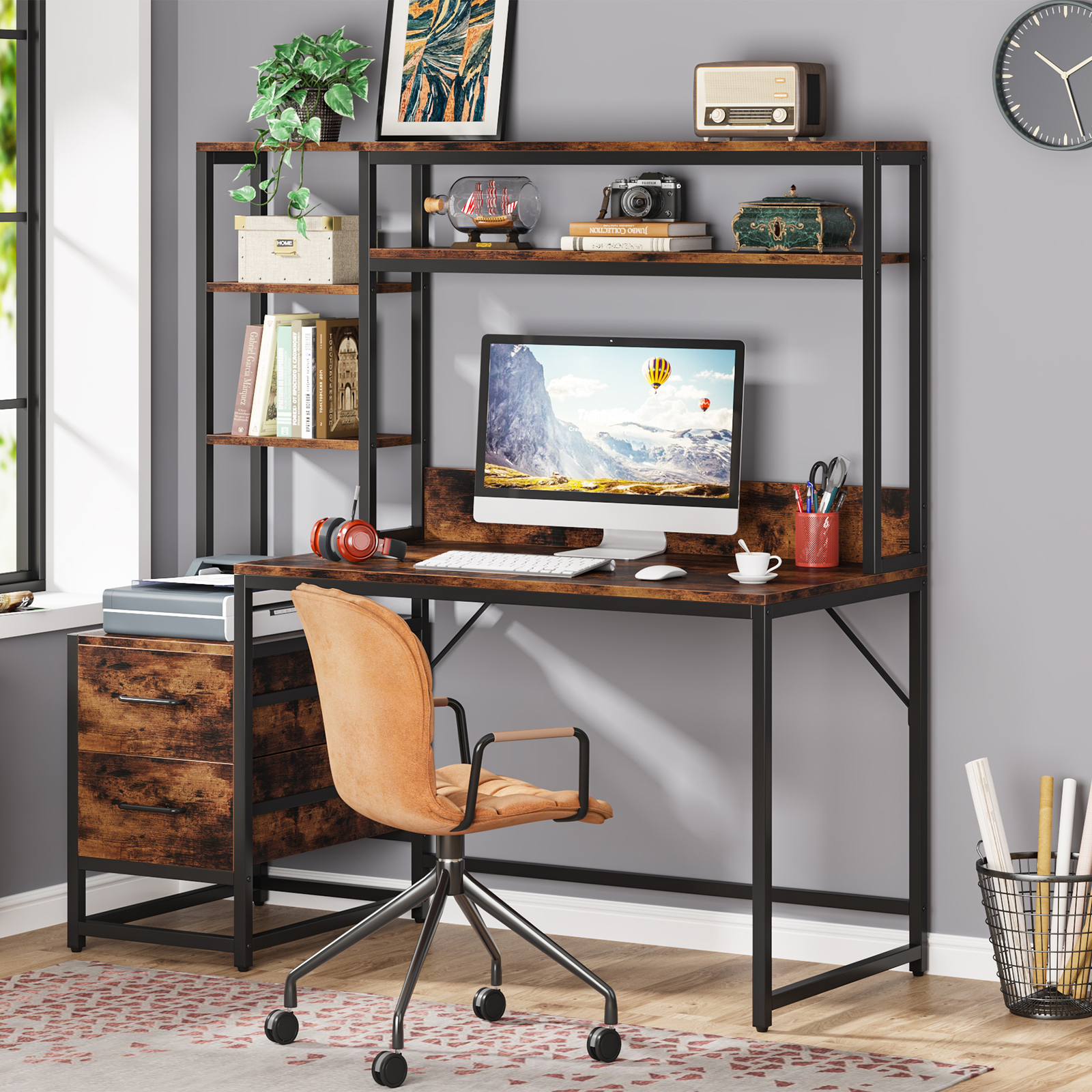 Rustic Computer Desk with Hutch Shelf Gaming Study Writing Table with 2 ...