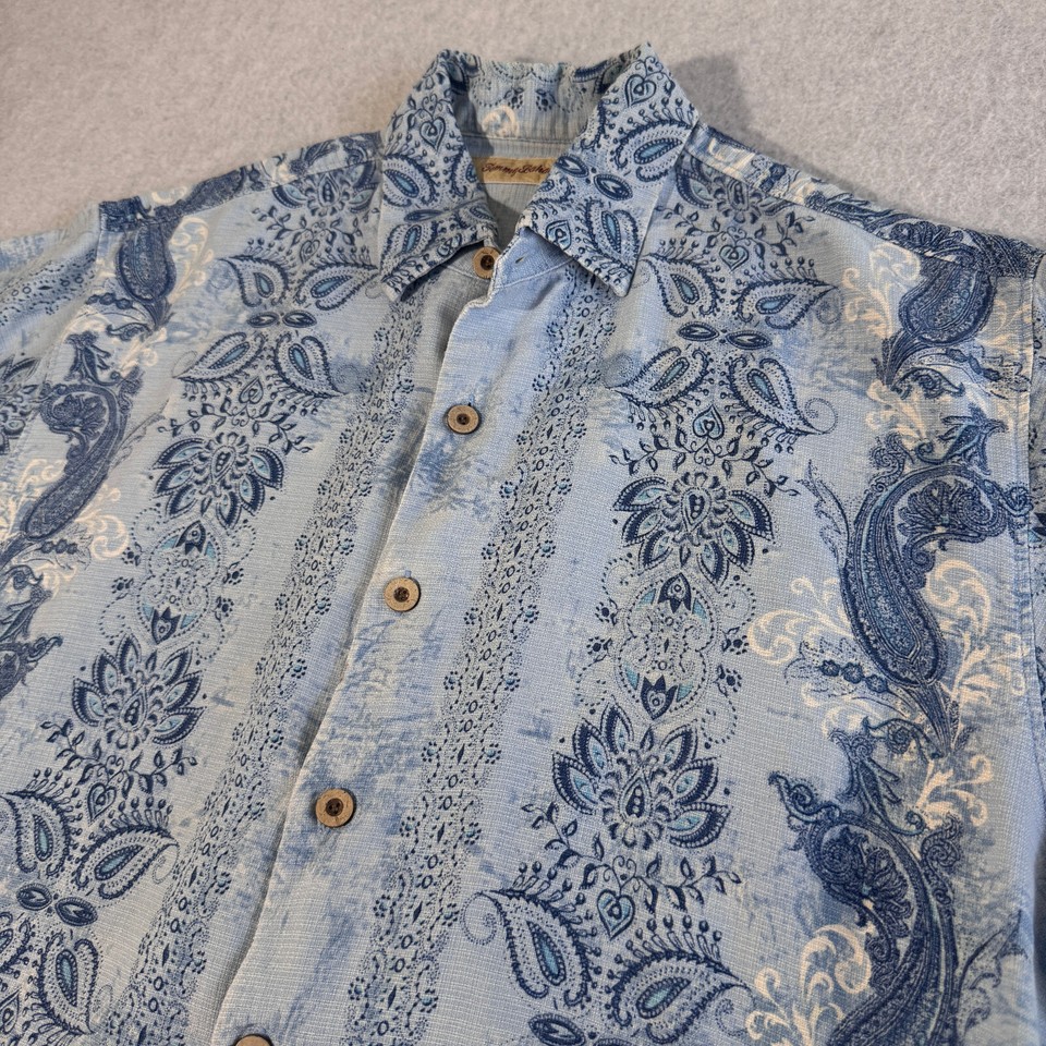 Tommy Bahama Hawaiian Silk Paisley Pattern Shirt Mens Button Down Blue ...
