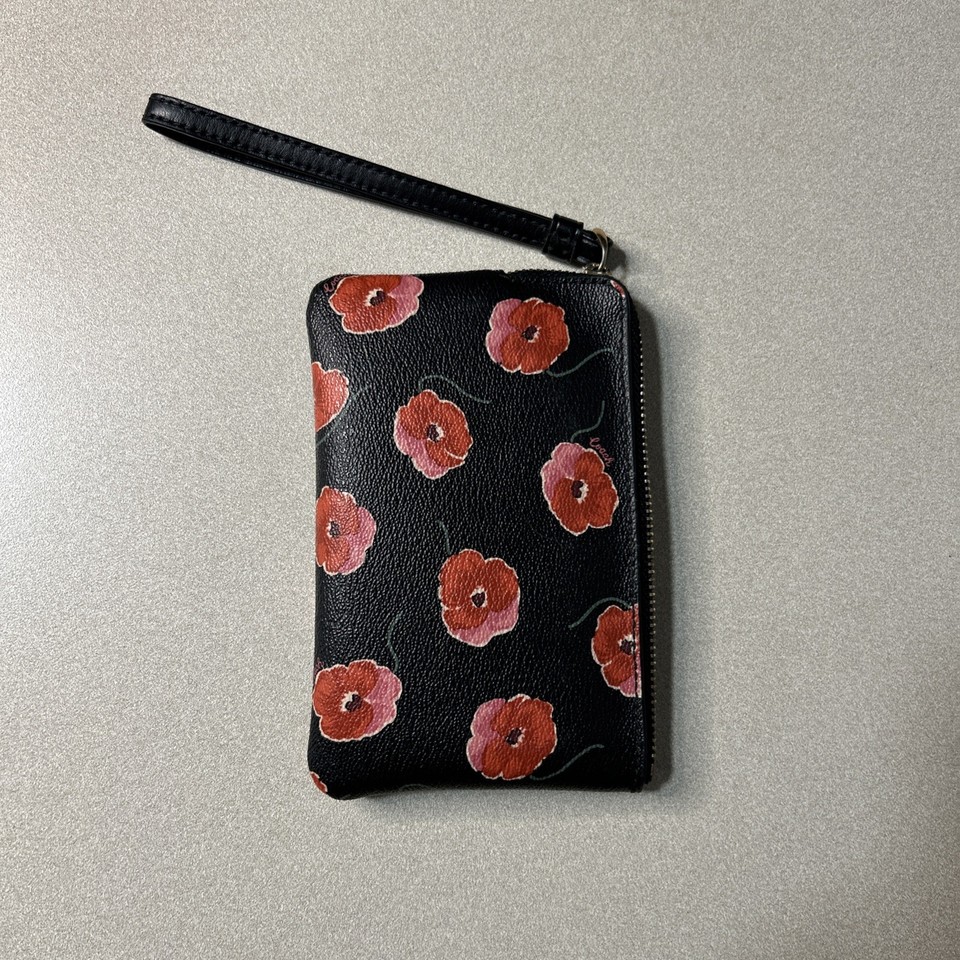 Coach Black Boxed Corner Zip Wristlet Poppy Floral Print | eBay
