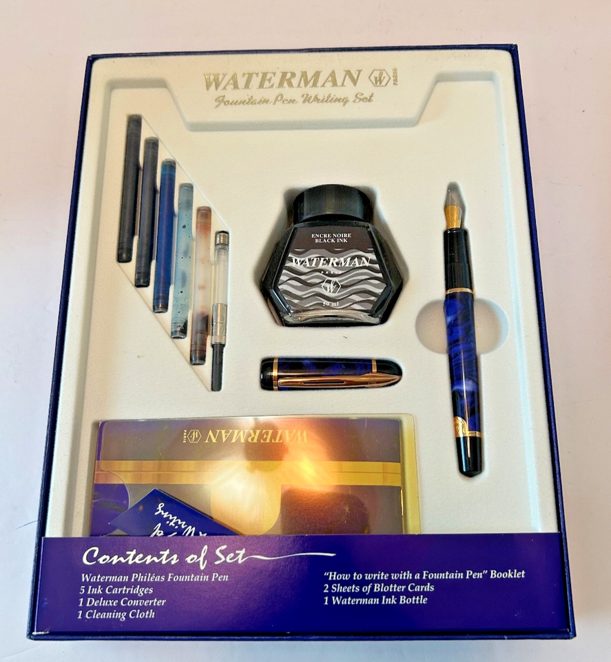 Waterman Paris Phileas Blue Marble Fountain Pen Writing Set New in Box ...