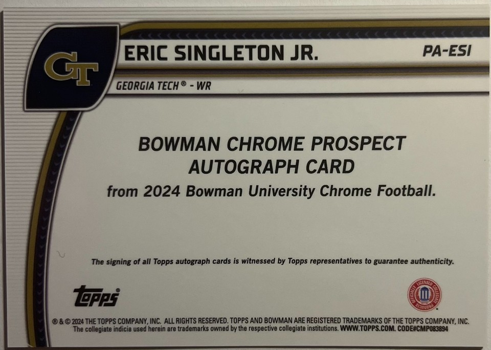 Eric Singleton Jr. 2024 Bowman Chrome U 1st RC Auto #PA-ESI - Auburn ...
