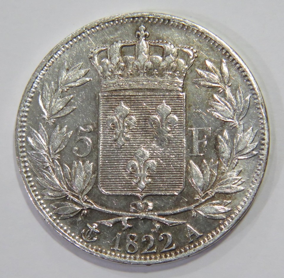 FRANCE 1822 5 FRANCS KING LOUIS XVIII CROWNED ARMS WREATH SILVER WORLD ...
