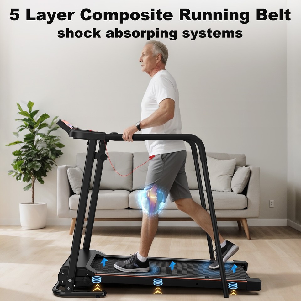Folding Treadmill with Long Handrail Heart Rate Sensor for Senior ...