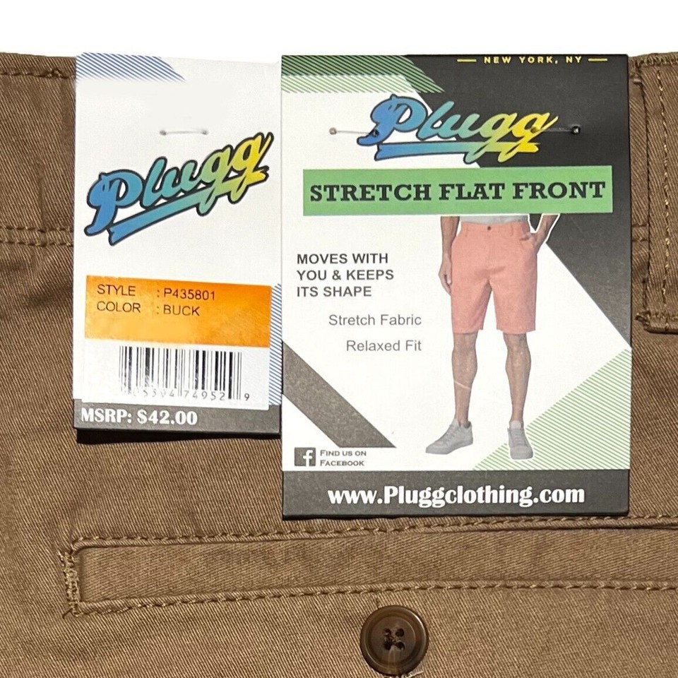 NWT PLUGG CLOTHING Men's Shorts Flex Waist BUCK BROWN Flat Front All ...