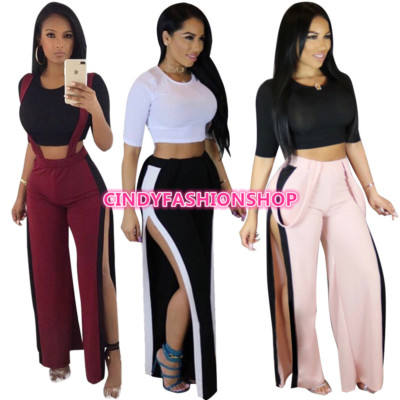 Women Side Split Strap 2 PC Set Half Sleeve Crop Top Pink Palazzo Bib ...