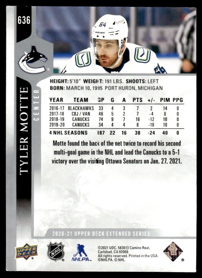 2020-21 Upper Deck Tyler Motte Vancouver Canucks #636 15512 | eBay