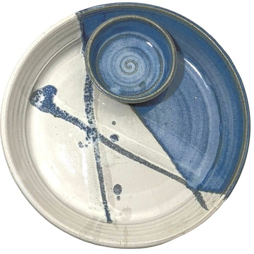 Stoneware Pottery Serving Platter Blue/Grey Glaze Charcuterie Dip Bowl ...