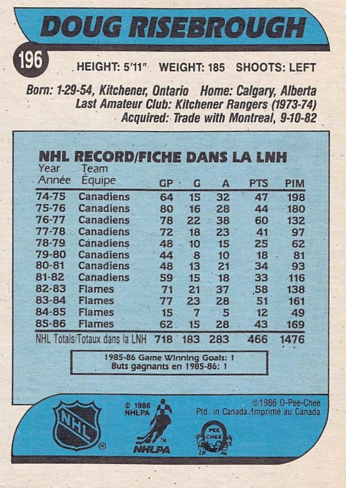 1986-87 O-Pee-Chee Hockey Doug Risebrough #196 NM/MT CALGARY FLAMES | eBay