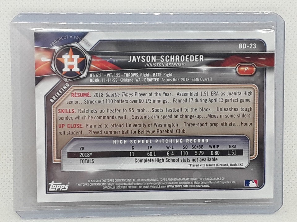 Jayson Schroeder 2018 Bowman Draft Baseball - 1st #BD-23 - Houston ...