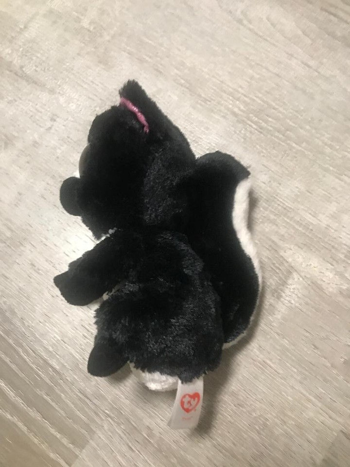 Ty Flora Skunk Beanie Boos Plush 6” Black & White Pink Sparkle Big Eyes ...