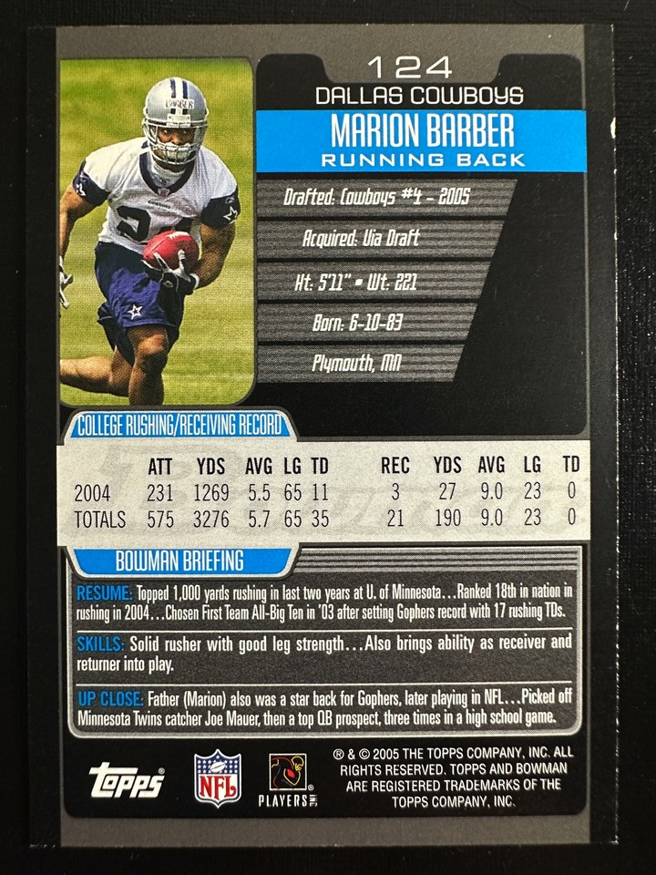 Marion Barber 2005 Bowman Rookie Football Card Dallas Cowboys #124 | eBay