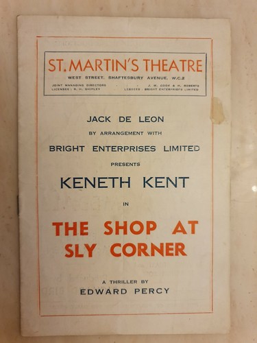 THEATRE PROGRAMME THE SHOP AT SLY CORNER KENETH KENT VICTORIA HOPPER ...