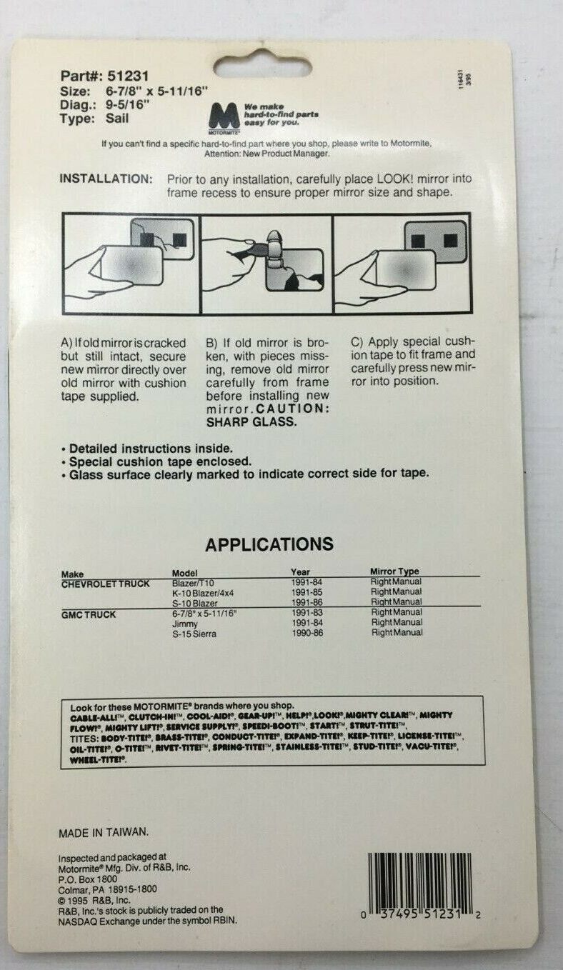 Motormite / Dorman 51231 Pre-Cut RH Mirror GLass Fits Blazer / T10 ...