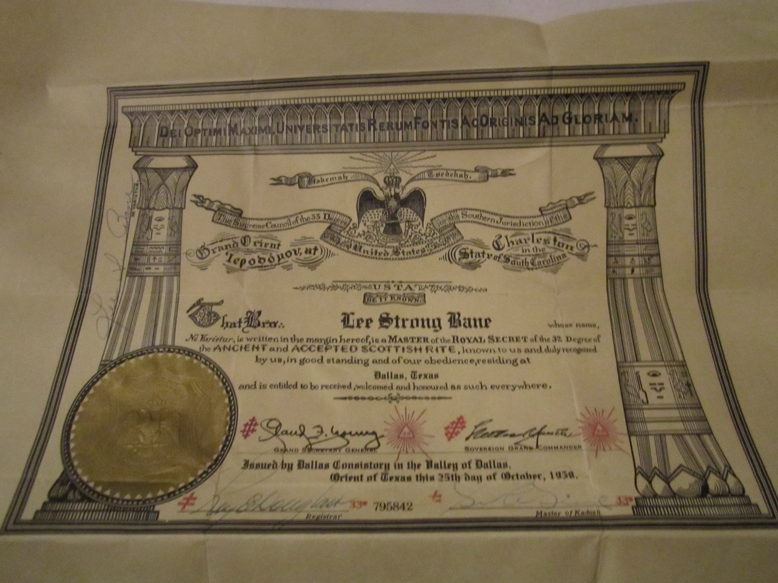 1958 SCOTTISH RITE MASONIC CERTIFICATE OF RECEIVING 32 DEGREE - 17" X ...