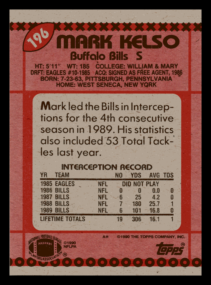 1990 Topps Mark Kelso Buffalo Bills #196 NM-MINT | eBay