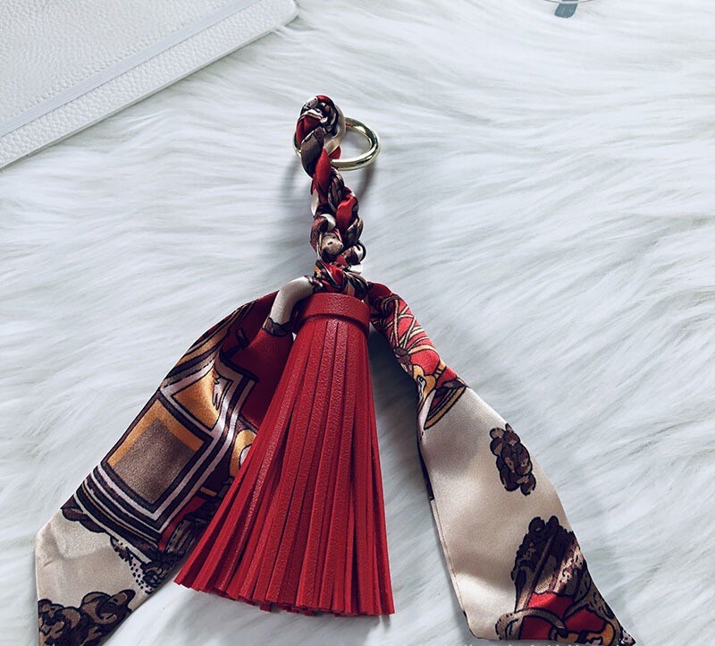 Classic Satin Scarf Tassel Faux Leather Key Chain Pendant Bag Charm Car ...