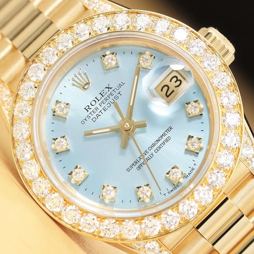 Rolex Femmes Datejust 69178 Usine Diamant 18K Or Glace Bleu Watch 1.5 ...
