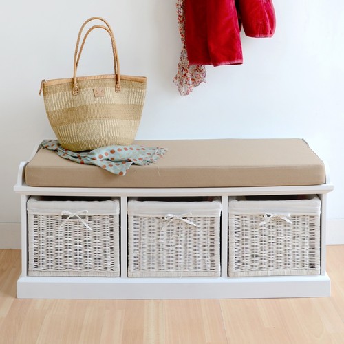 White Hallway Shelf with Storage Baskets, Shelf with hooks and hallway ...