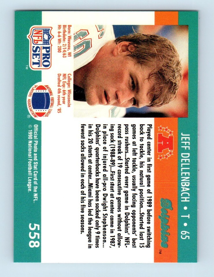 1990 Pro Set Jeff Dellenbach Rookie Miami Dolphins #558 | eBay