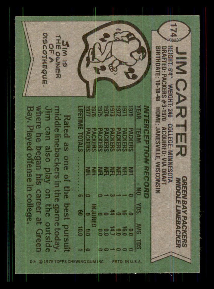 1978 Football Topps Jim Carter Green Bay Packers #174 1 | eBay