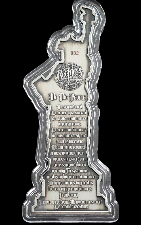 Statue of Defiance - a political themed 1oz .999 silver antiqued bar in ...