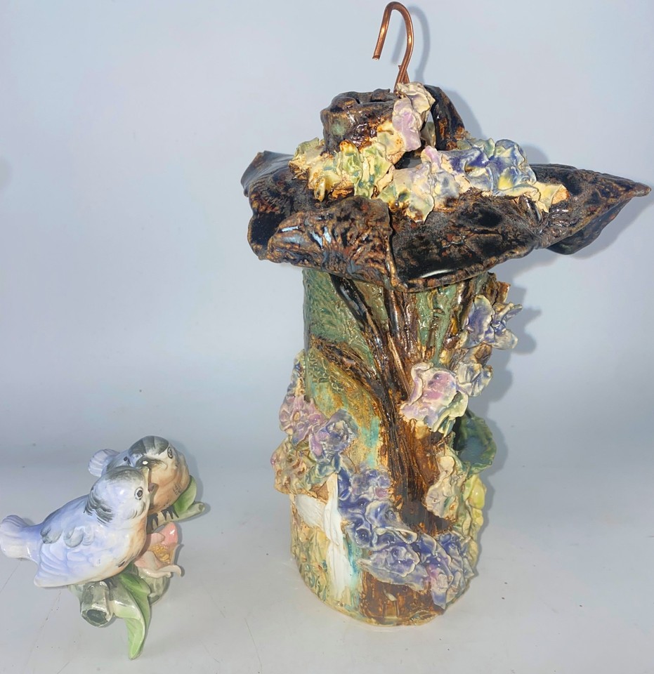 OOAK WHIMSICAL Hanging BIRDHOUSE Tree Flowers Porcelain Birds fired ...