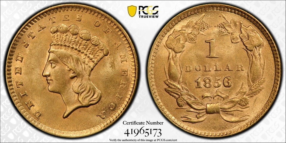 1856 G$1 Indian Princess Head Gold Dollar Slanted 5 PCGS MS64 Green CAC ...