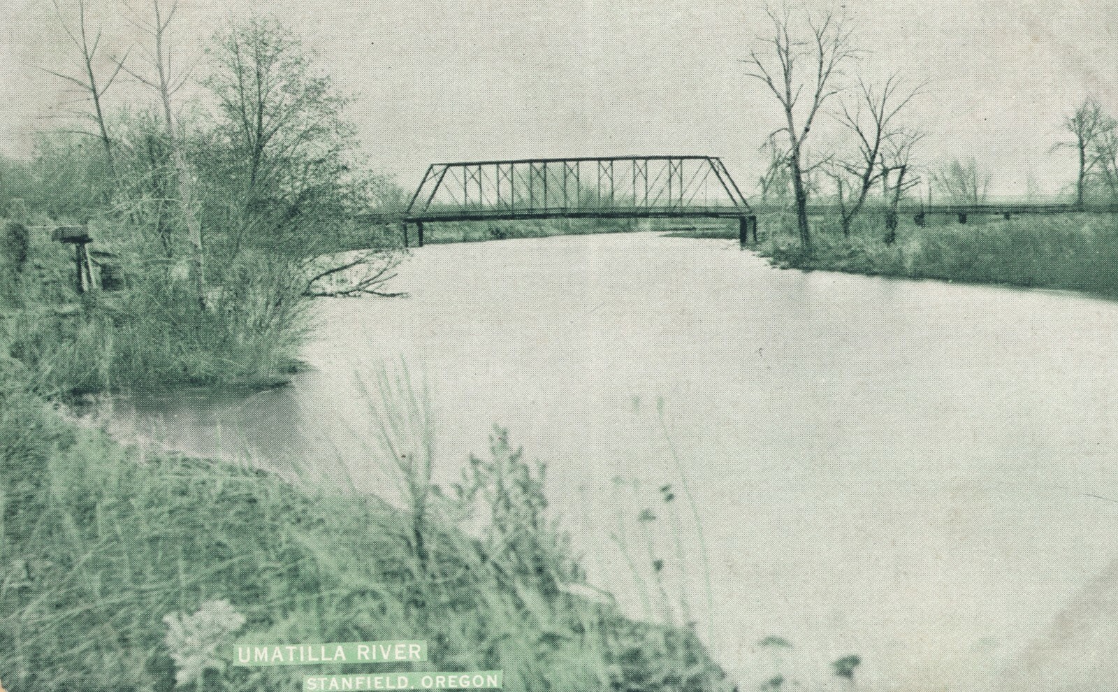 c1910 Umatilla River and Bridge, Stanfield, Oregon Postcard, Green Ink ...