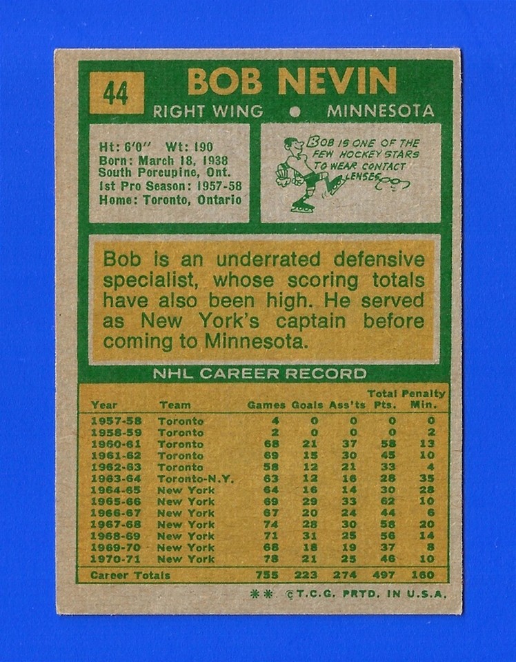 1971-72 Topps HOCKEY #44 BOB NEVIN EX+/EXMINT MINNESOTA NORTH STARS ...