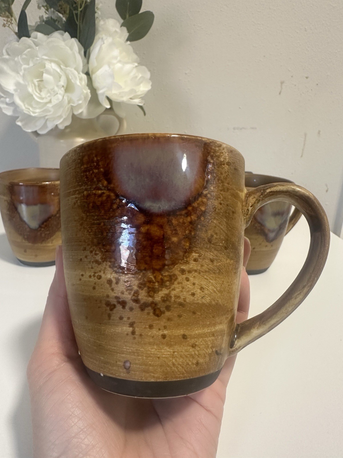 Sango Splash 4951 Brown Drip Glazed Coffee Mugs Set of 4