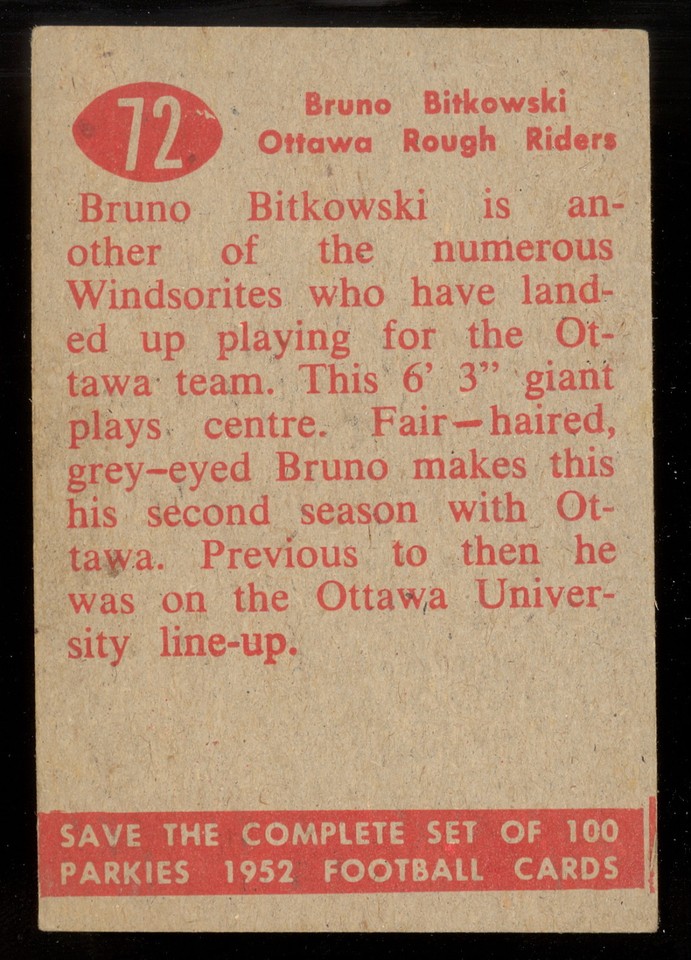 1952 Parkhurst CFL Football #72 BRUNO BITKOWSKI EX-NM ROOKIE Ottawa ...