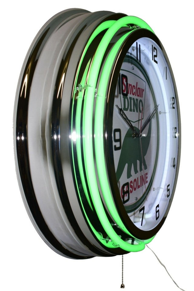 19" Sinclair Dino Gasoline Double Neon Clock Man Cave Garage Decor ...