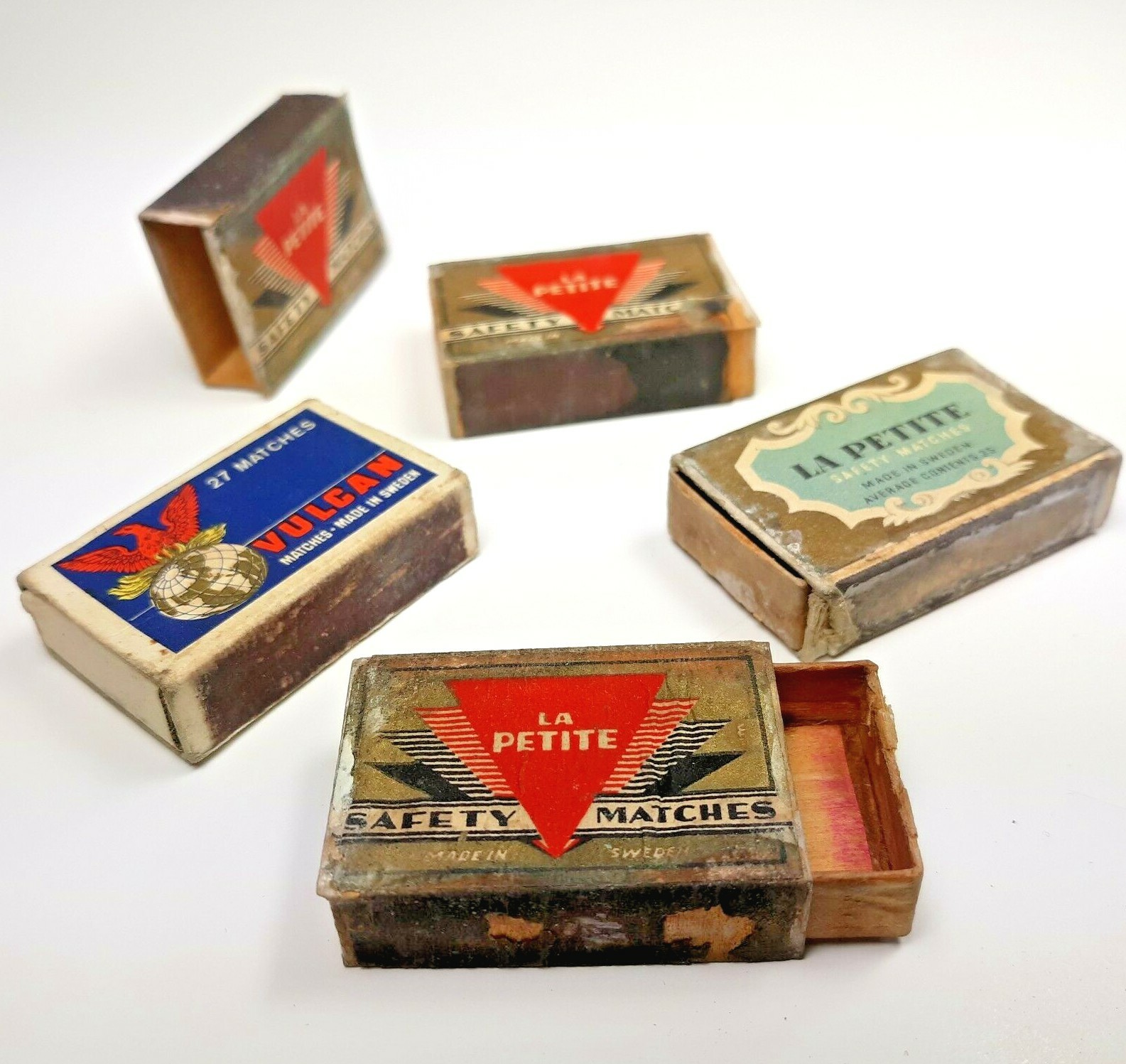 #2237 LOT OF 5 VINTAGE SAFETY MATCH BOXES, 4 FROM SWEDEN 1 LA, 19 ORIG ...