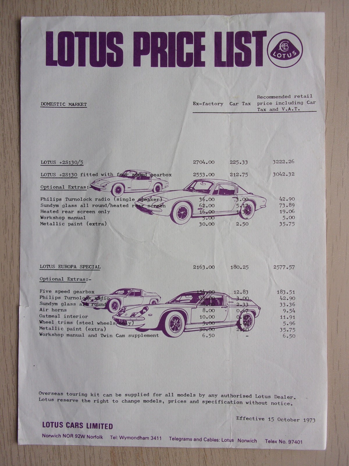 LOTUS RANGE orig 1973 UK Mkt Price List Leaflet Brochure - Elan +2S 130 ...
