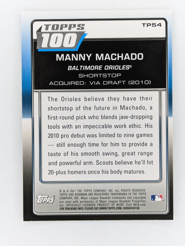 2011 Bowman #TP54 Manny Machado Topps 100 Baltimore Orioles Card | eBay