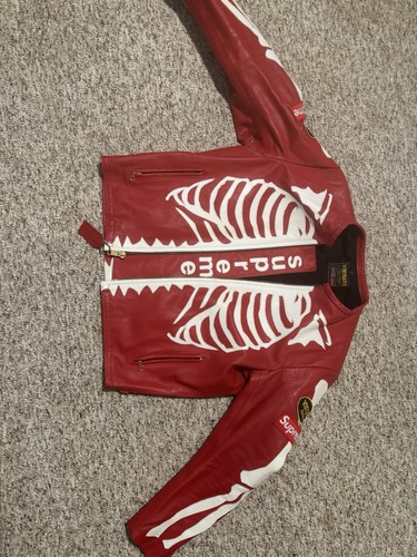 Supreme 2017 Vanson Black Men Leather Skeleton Bones Motorcycle Jacket ...