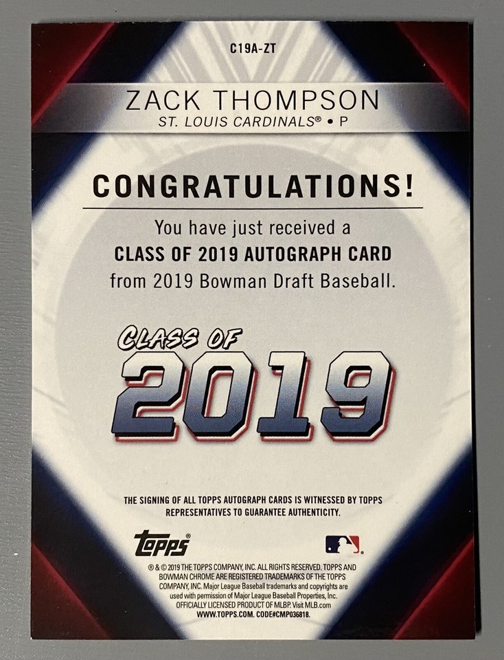 2019 Bowman Draft Chrome Zack Thompson On-Card Auto Gold Refractor 18/ ...
