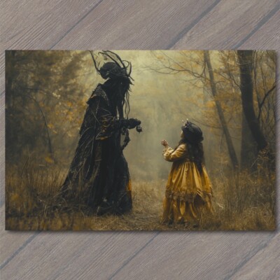 POSTCARD Eerie Forest Encounter Demon Cult Masked Children Girl Woods ...