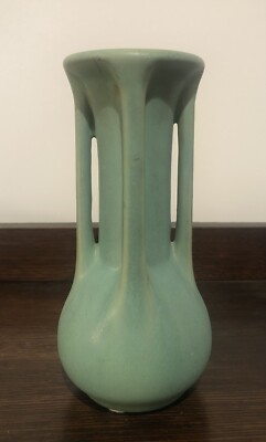 Unusual Antique Teco Pottery #405 Matte Green Bulbous Four Handled Vase ...