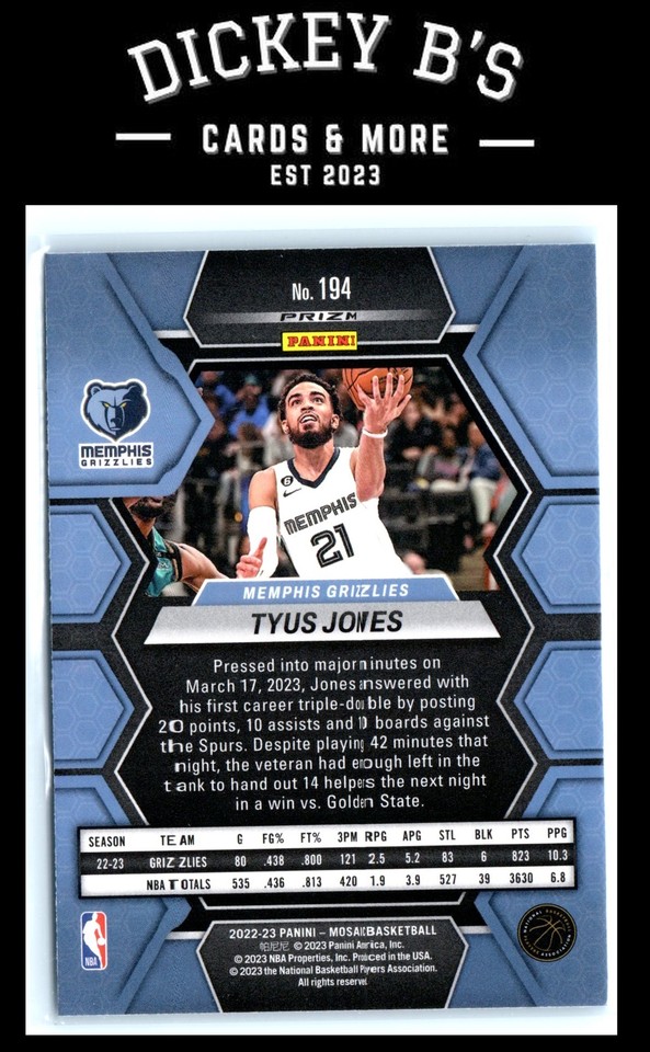 2022-23 Panini Mosaic Reactive Blue #194 Tyus Jones Memphis Grizzlies ...