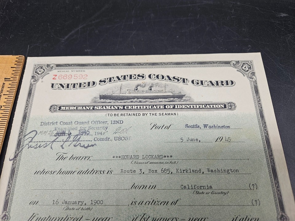 VINTAGE MERCHANT SEAMAN'S CERTIFICATE UNITED STATES COAST GUARD 1945 ...