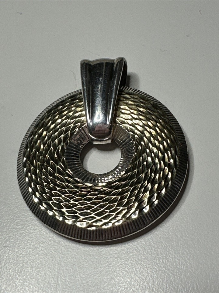 STERLING SILVER Donut Circle Pendant DIAMOND CUT CROSS-HATCH Reversible ...