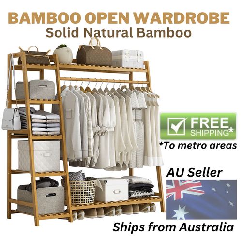 Wooden Bamboo Clothes Rail Rack Garment Stand Corner Open Wardrobe ...