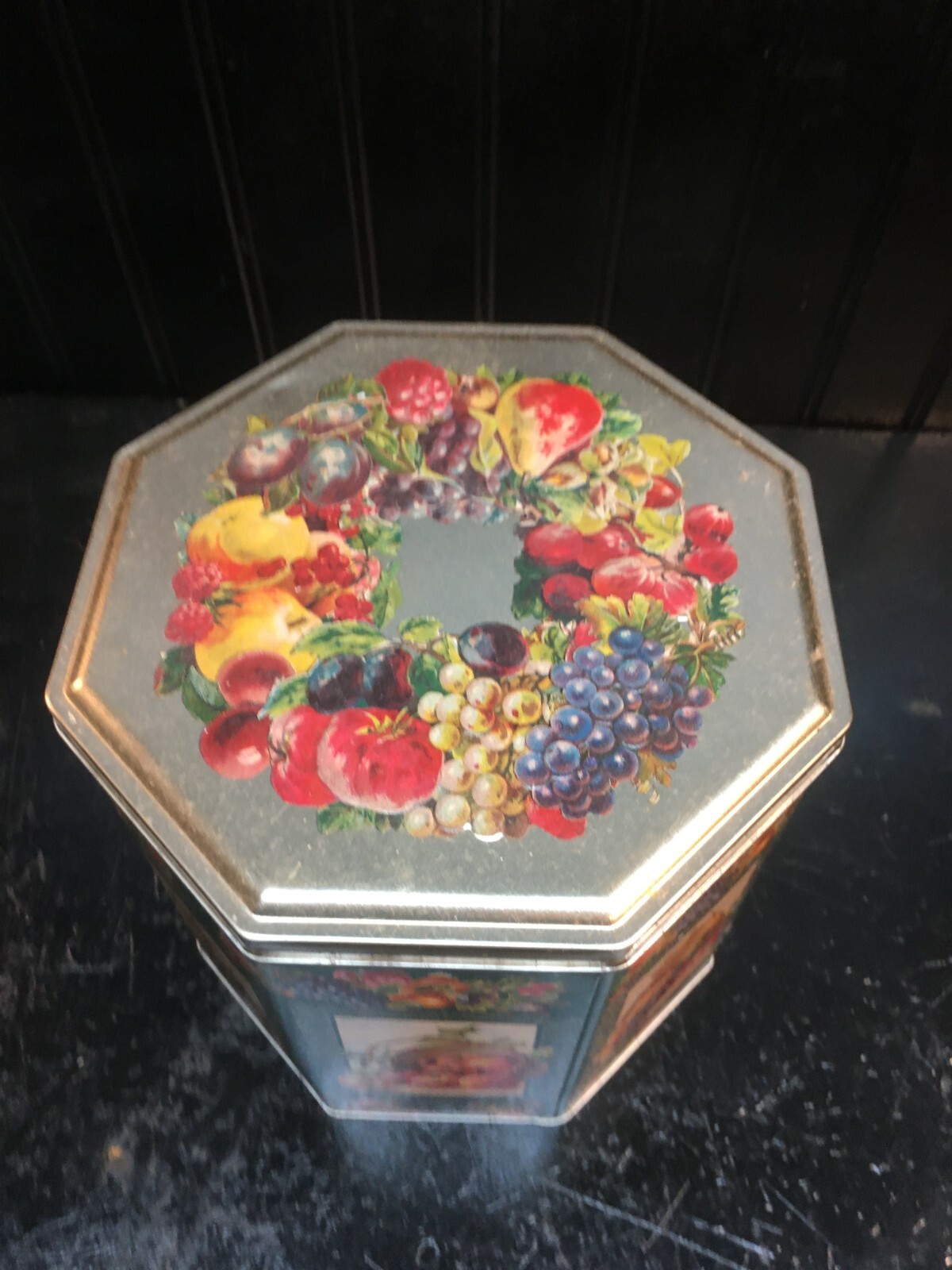 Vintage Holiday Fruit Cake Tin with Fruit Basket on Side Wreath on top ...