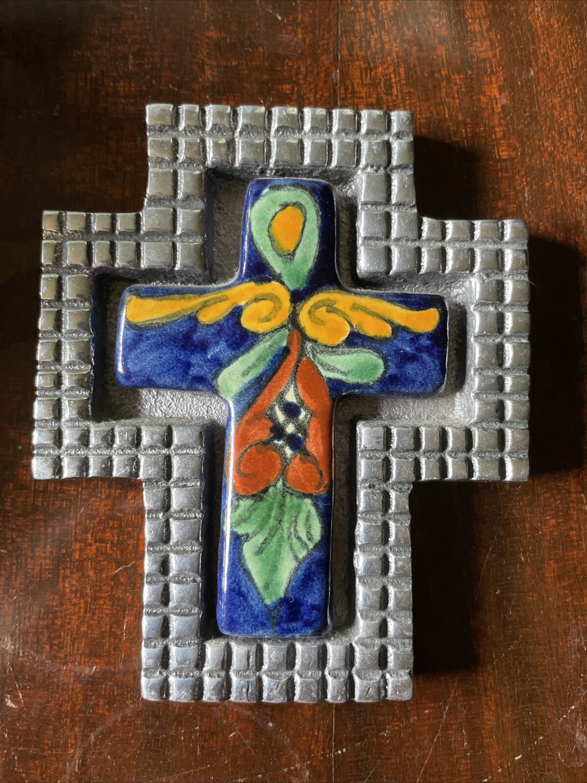 Mexican Folk Art Hand Painted Talavera Pottery Cross Inlaid in Metal ...