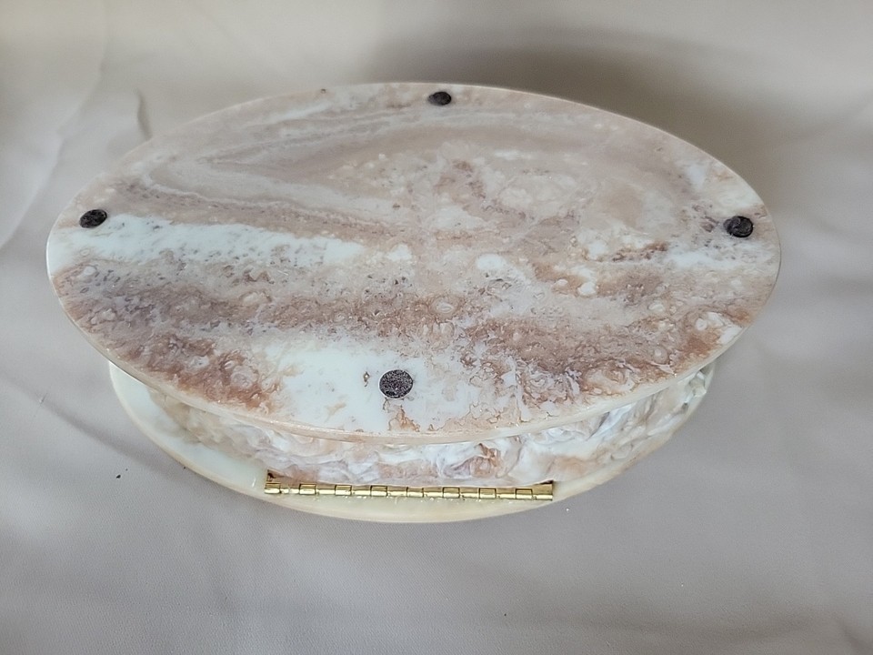 Genuine Incolay Stone Beige/Pink Oval Shape Carved Roses Jewelry Box ...