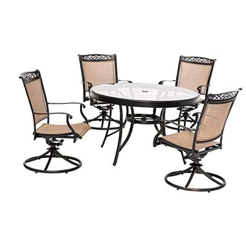Fontana 5-Piece Outdoor Dining Set with Tan PVC Sling Swivel Rocker ...